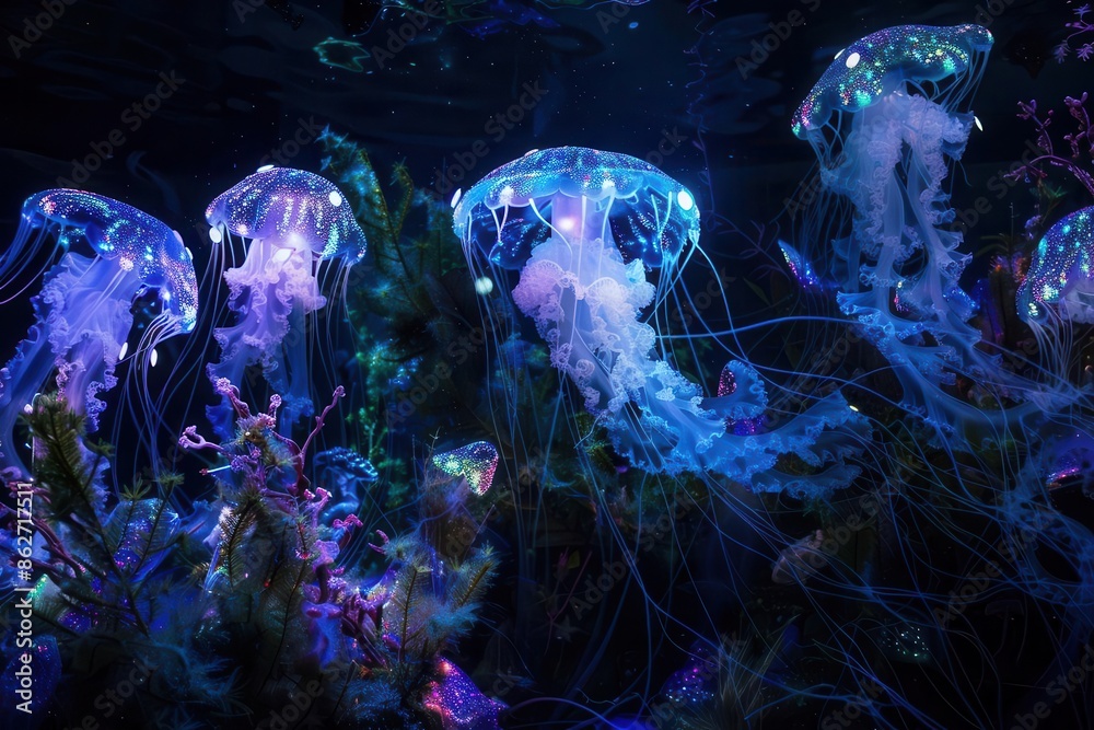 bioluminescent deepsea creatures in an otherworldly underwater tableau ...
