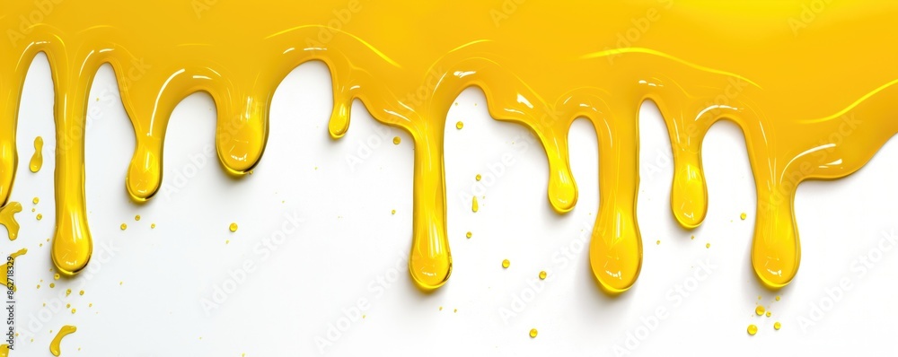 Liquid yellow syrop or caramel drip top border on white copyspace ...