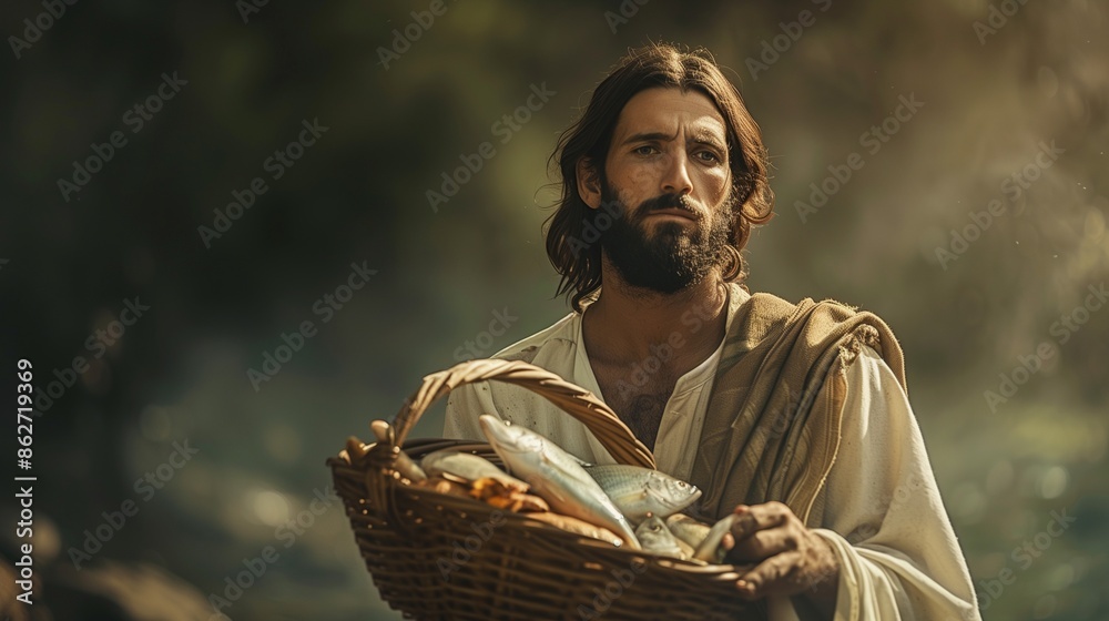 Jesus blessing bread and fish, biblical artwork of feeding multitude ...