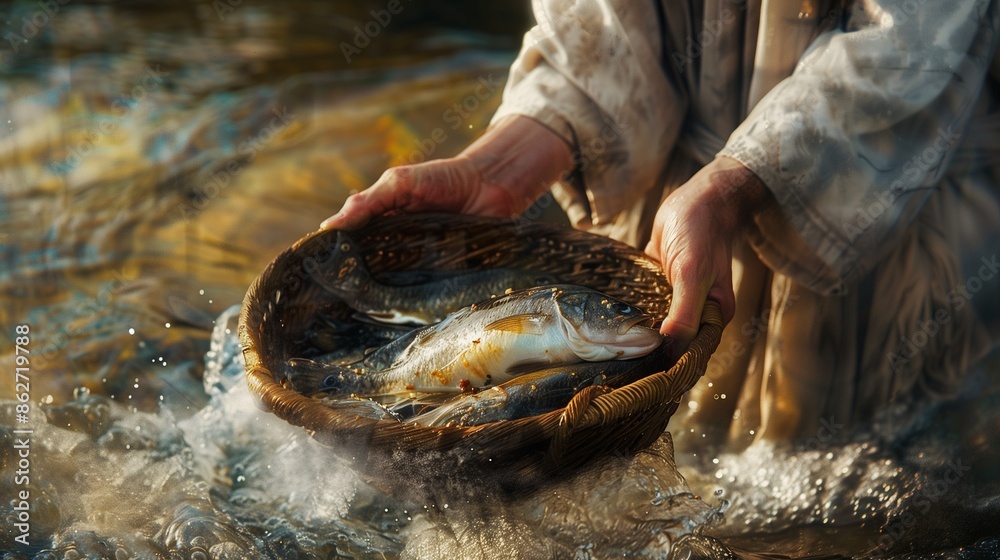 Foto de Jesus blessing bread and fish, biblical artwork of feeding ...