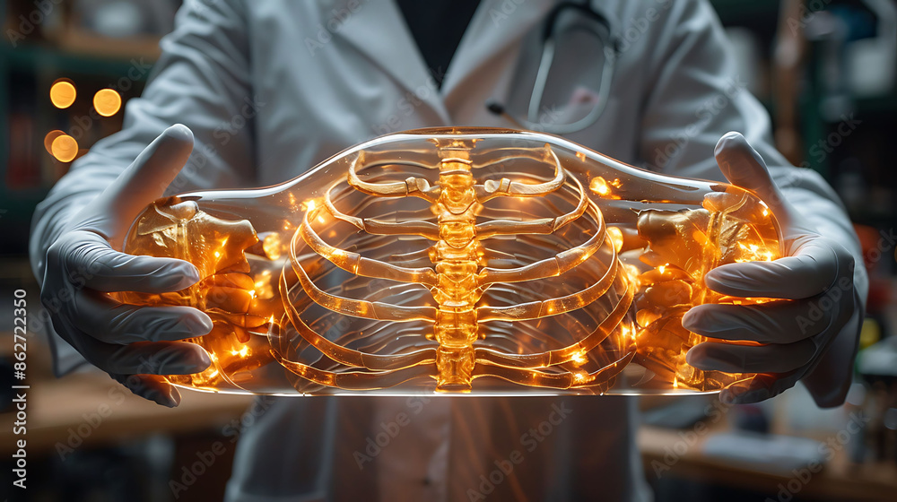 Medical doctor in gloves and a white coat holding a glowing wooden rib ...