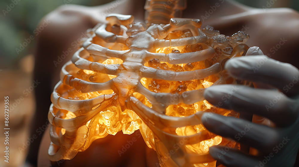 Closeup of african american doctor hand in gloves holding a glowing ...