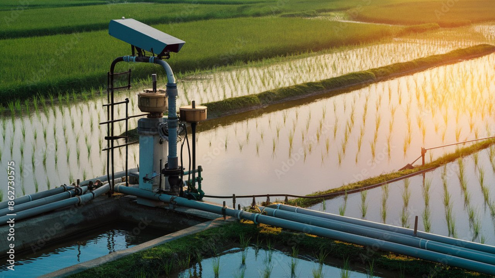 Irrigation of rice fields using ground water pumped through wells ...