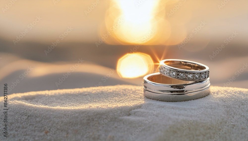 wedding rings sparkling in sun stacked together on white sand ocean ...