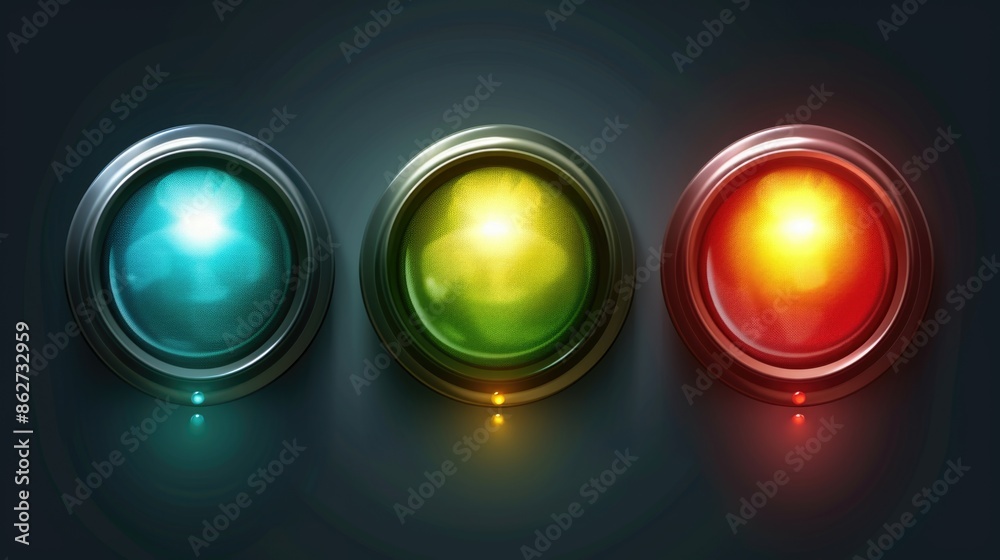 Three glowing buttons in different colors, one green, one yellow, and ...