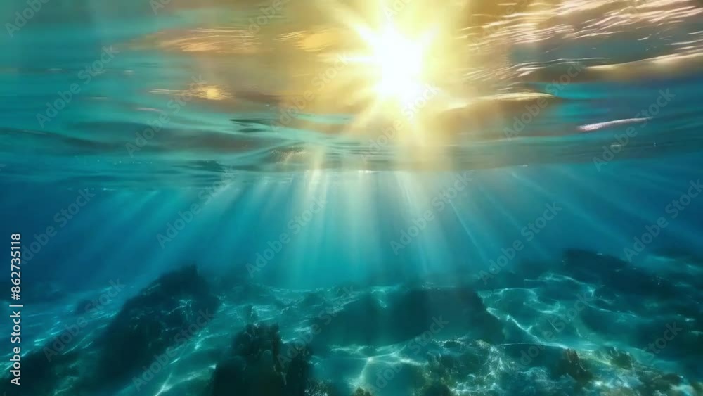 clean blue sea water line and underwater view with rays of sunset or ...
