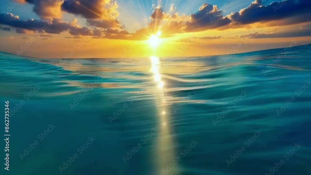 clean blue sea water line and underwater view with rays of sunset or ...