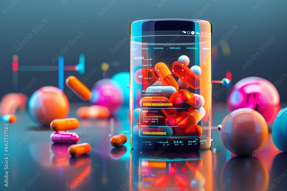 Futuristic concept of smart pill dispenser with colorful capsules and ...