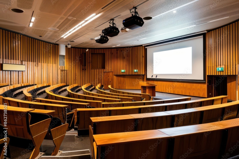 modern lecture hall with curved rows of sleek wooden seats minimalist ...