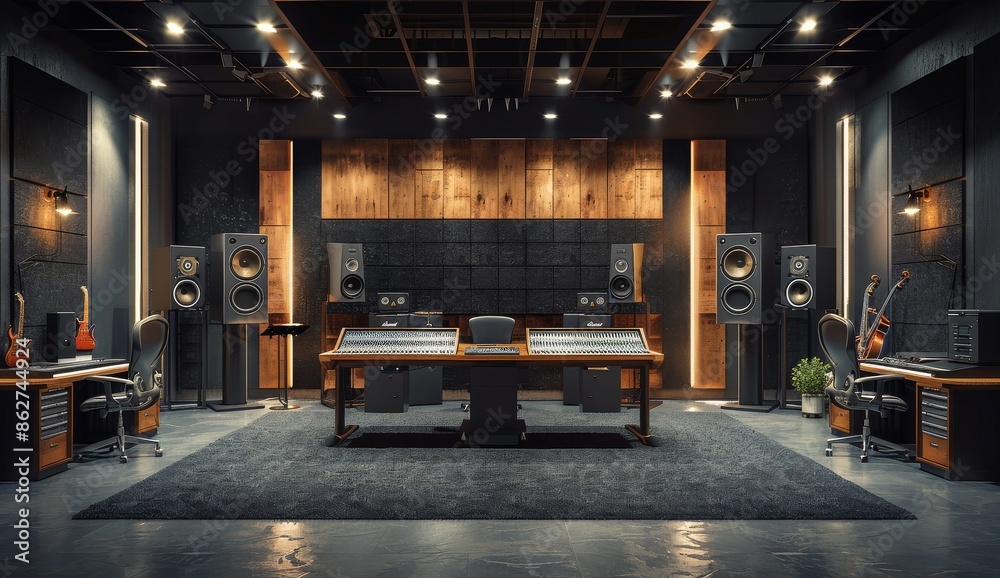 Modern Music Studio Interior With Wood Panels And Large Mixing Console ...