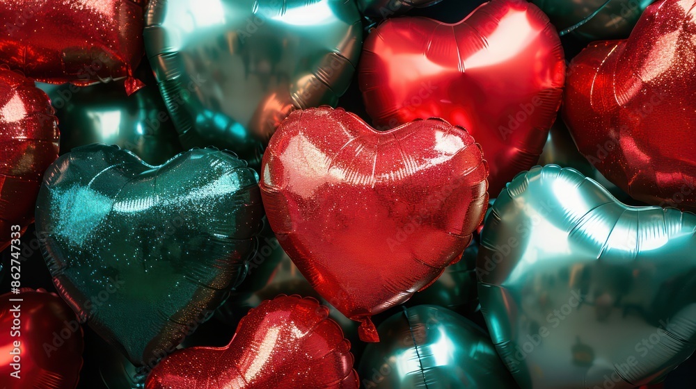 A bunch of hearts made of foil and glitter. The hearts are red and ...