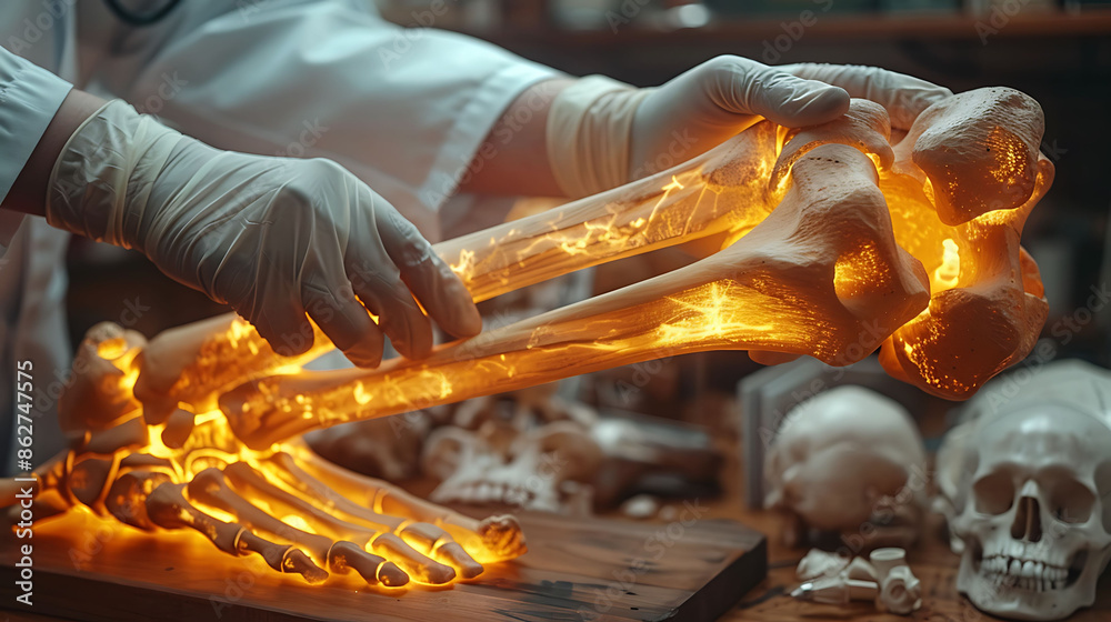 Closeup of doctor hand in gloves holding a glowing wooden tibia model ...