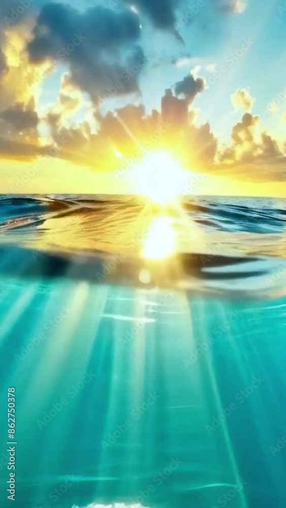 clean blue sea water line and underwater view with rays of sunset or ...