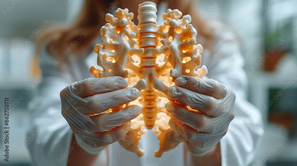 Closeup of doctor hand in gloves holding a glowing wooden coccyx model ...