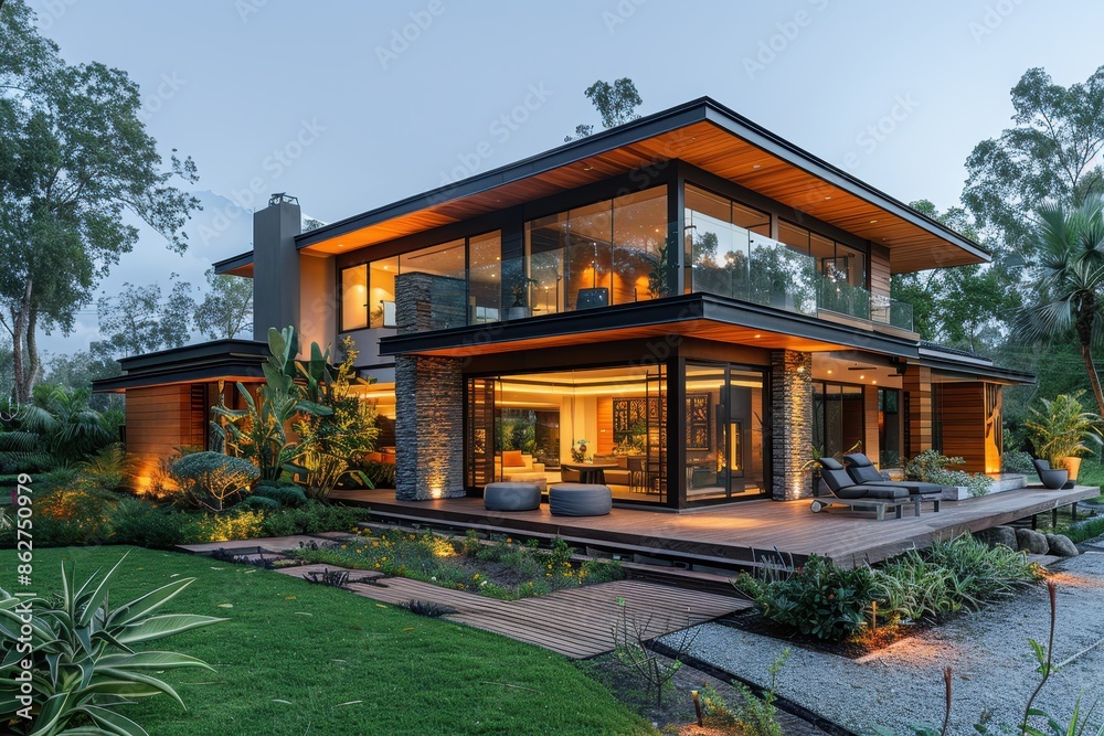 A modern home with a rainwater harvesting system, illustrating ...