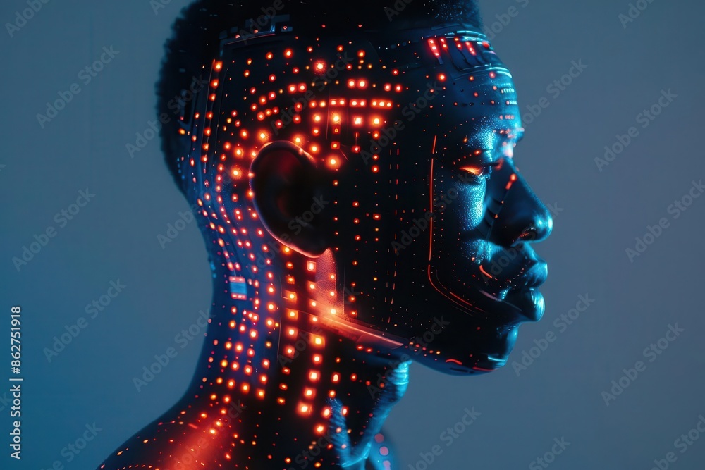 futuristic portrait of a mans head and torso illuminated by glowing ...