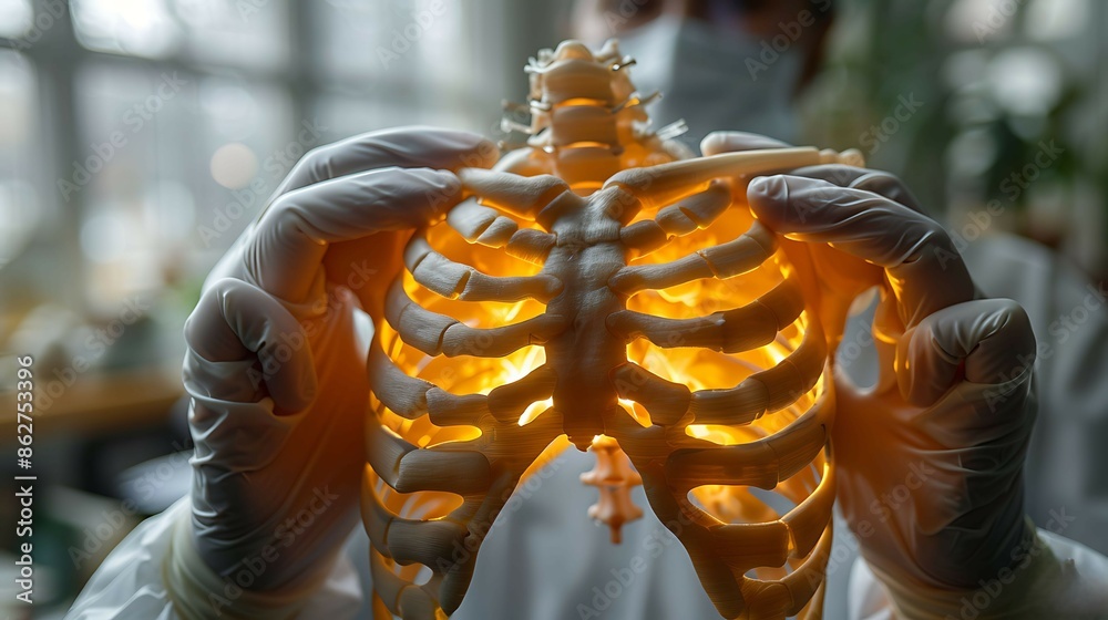Foto de Closeup of doctor hand in gloves holding a glowing wooden ...