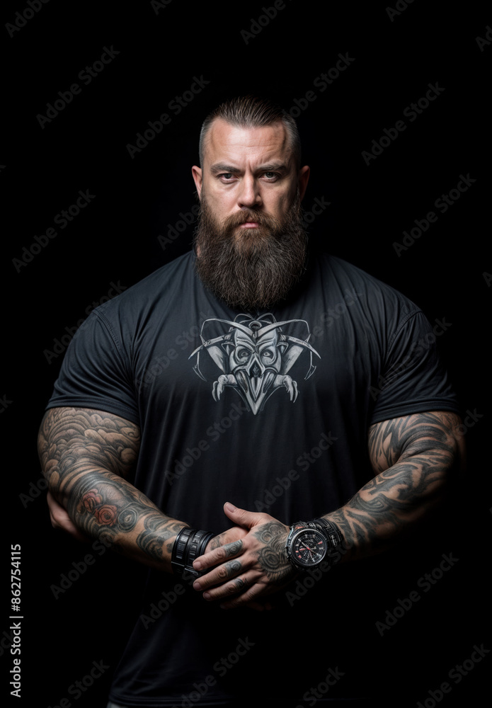Portrait of a burly person with a beard on a black background created ...