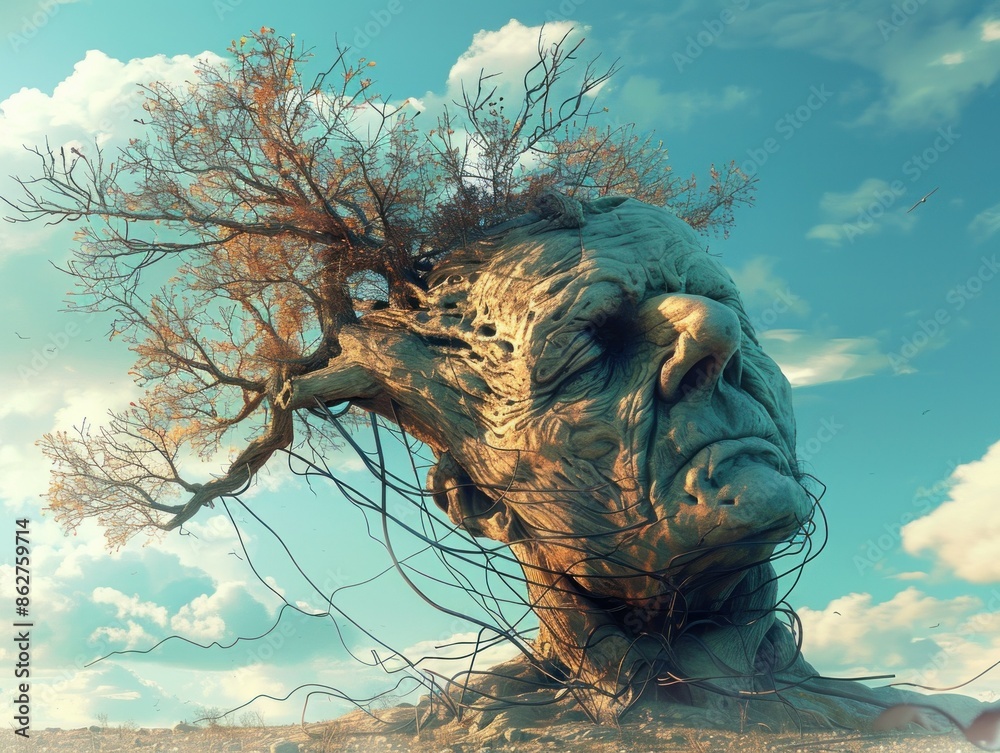 Elderly man with tree growing out of head symbolic representation of ...