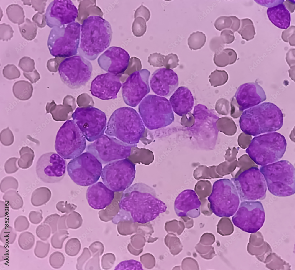 Acute myeloid leukemia (AML). Smear show monocytes and mostly blast ...