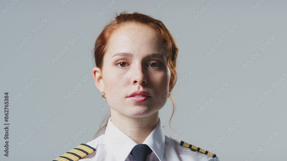 Serious young female airline pilot or ship captain wearing uniform in ...