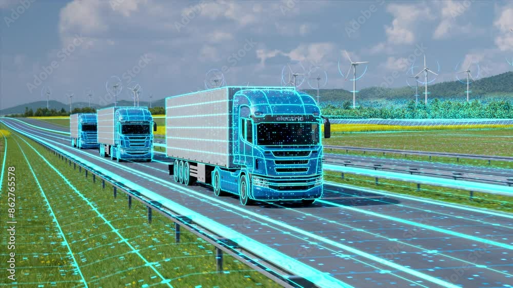 Convoy of autonomous electric semi trucks with cargo trailer driving ...