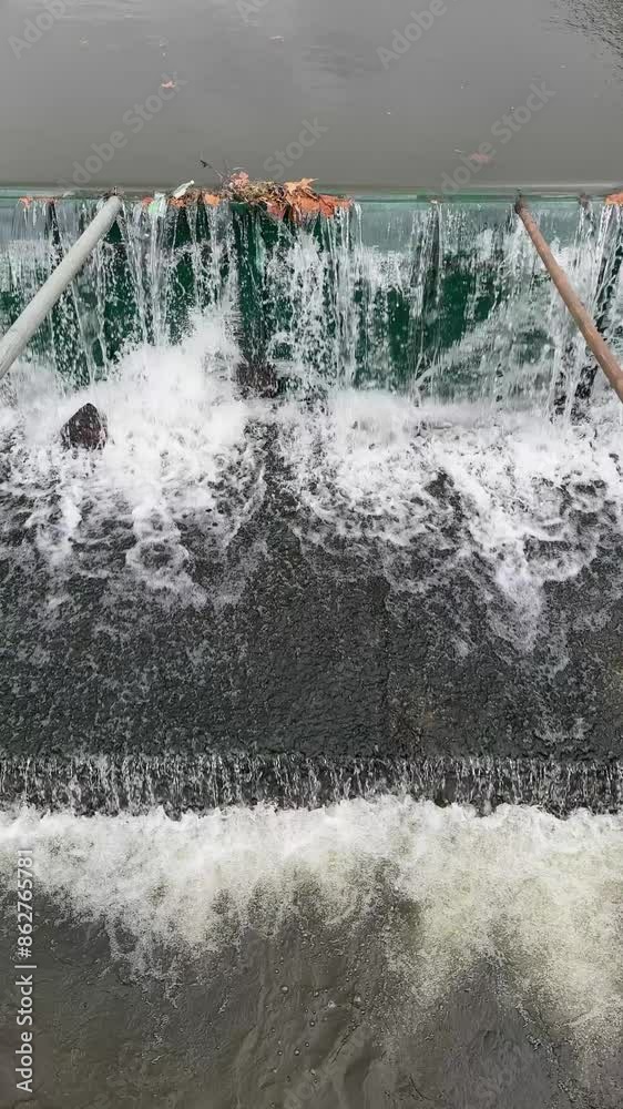 Dynamic water flow over an artificial dam in vertical. This vertical ...