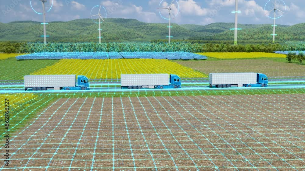 Convoy of autonomous electric semi trucks with cargo trailer driving ...