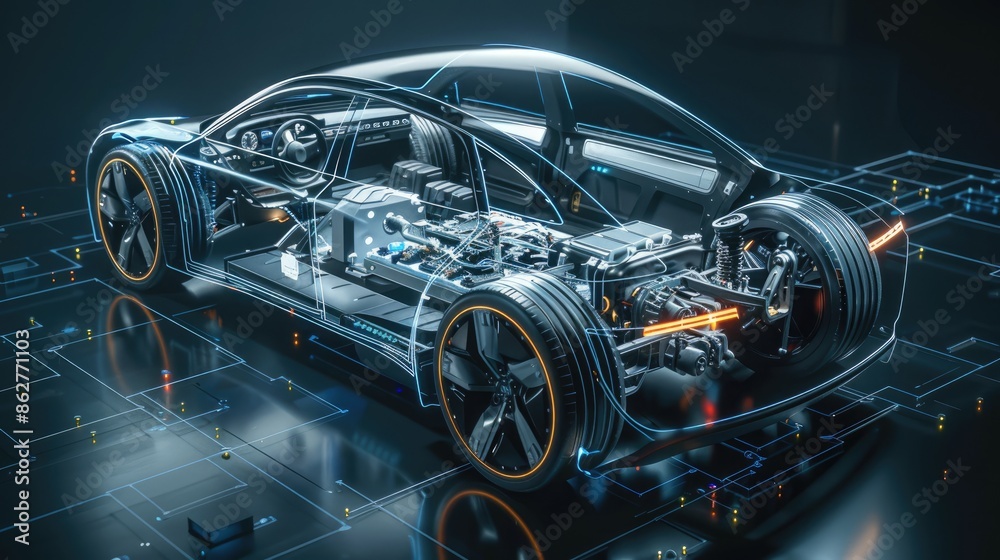 Electric car (generic model) technical cutaway 3d rendering with all ...