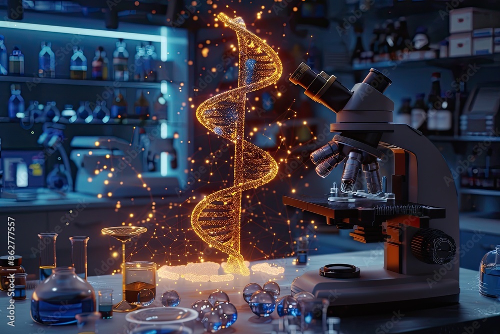 Modern laboratory with glowing DNA double helix, microscope, and ...