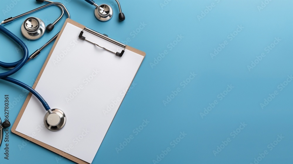 A top view of a medical clipboard and stethoscope arranged on a blue ...