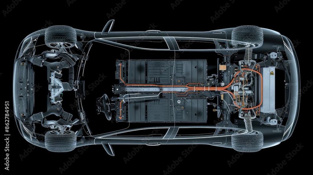 Electric car (generic model) technical cutaway 3d rendering with all ...