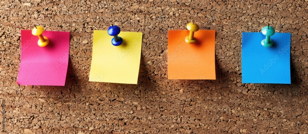 A bulletin board with four colorful sticky notes on it. The notes are ...
