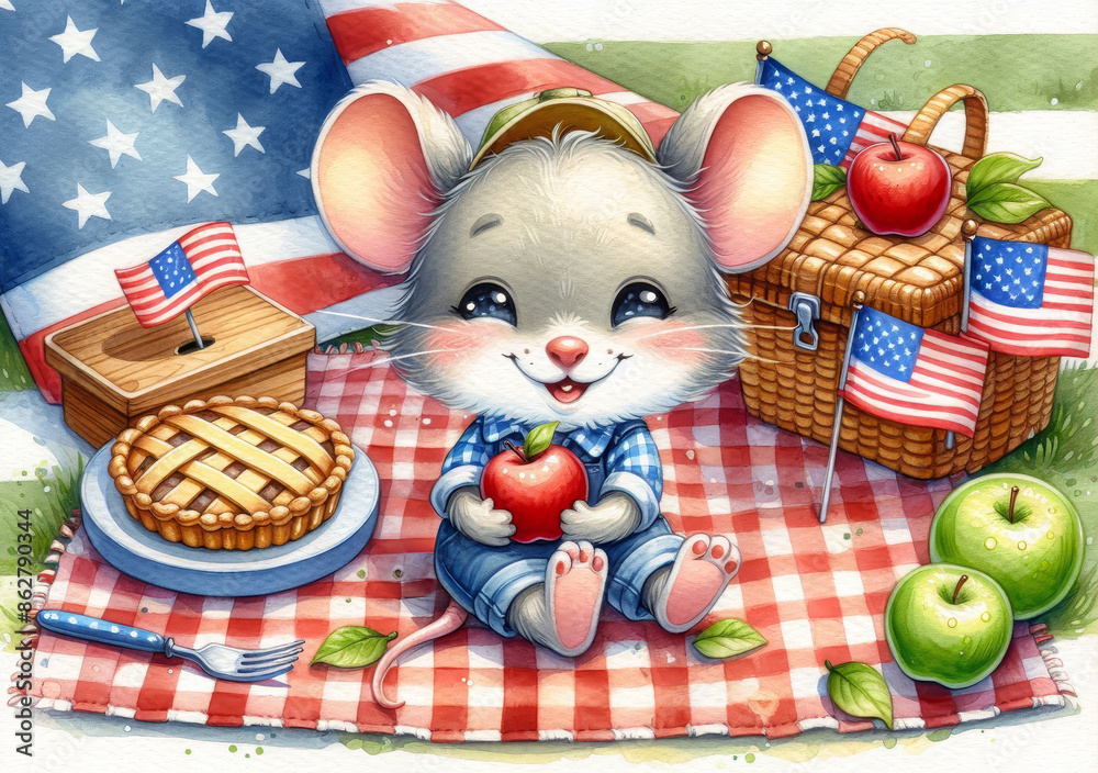 Patriotic Mouse Picnic - A cute cartoon mouse enjoys a picnic with ...
