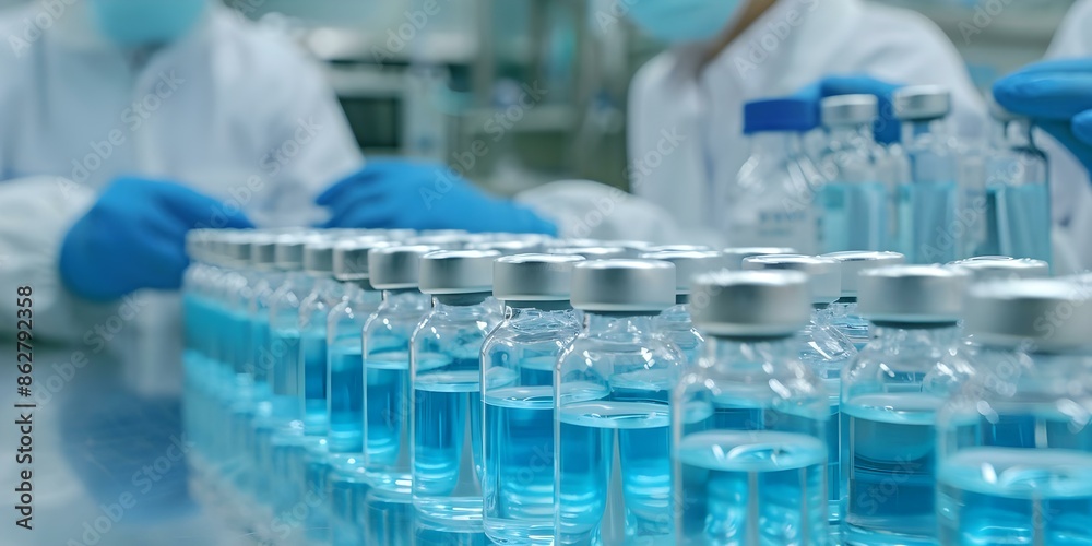 Workers oversee medical vial production line in pharmaceutical factory ...