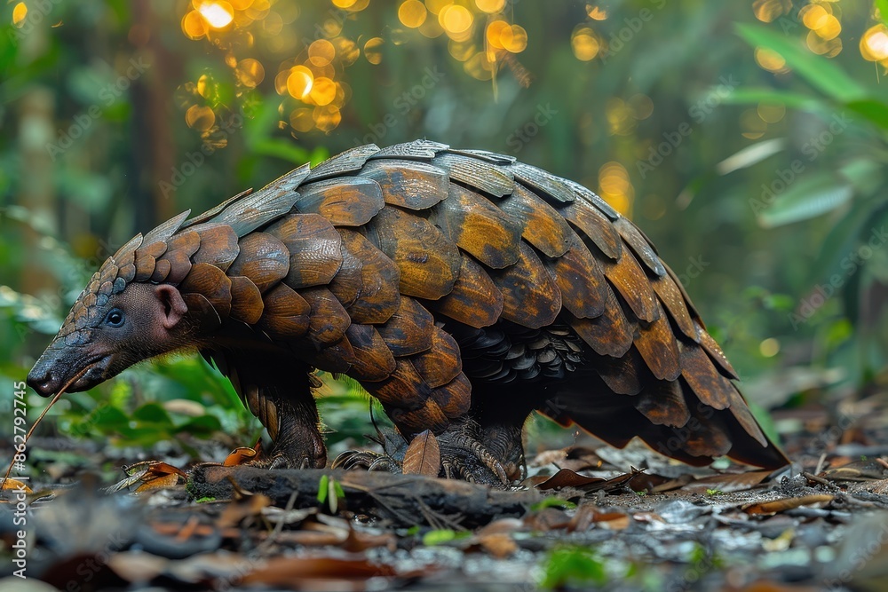 A pangolin walking across a forest floor, its body covered in hard ...