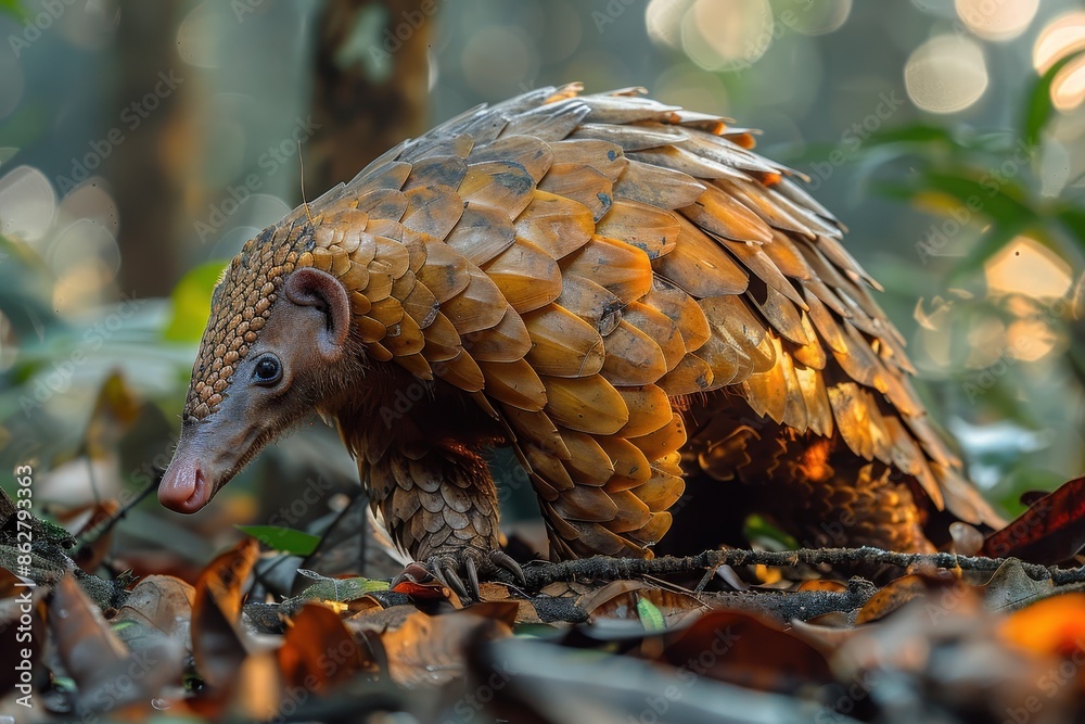 A pangolin walking across a forest floor, its body covered in hard ...
