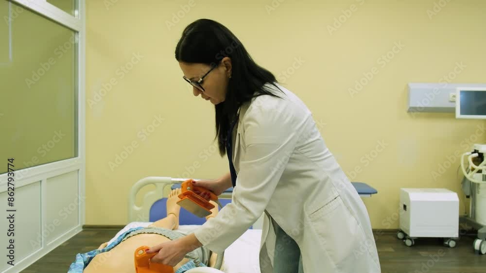 A female doctor at a medical school shows the operation of a ...