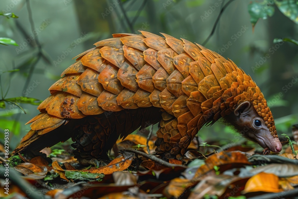 A pangolin walking across a forest floor, its body covered in hard ...