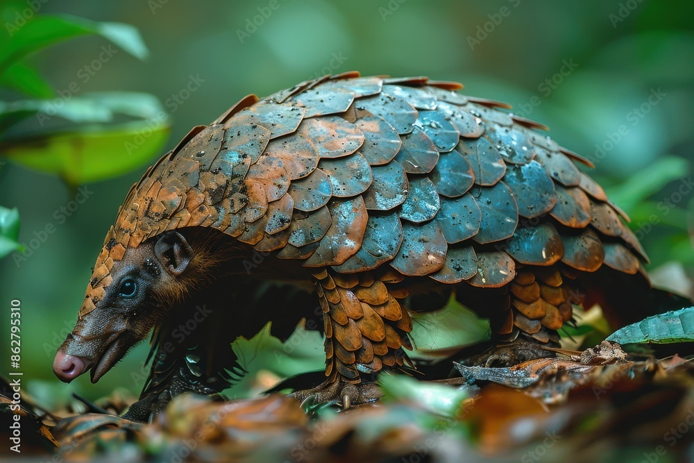 A pangolin walking across a forest floor, its body covered in hard ...