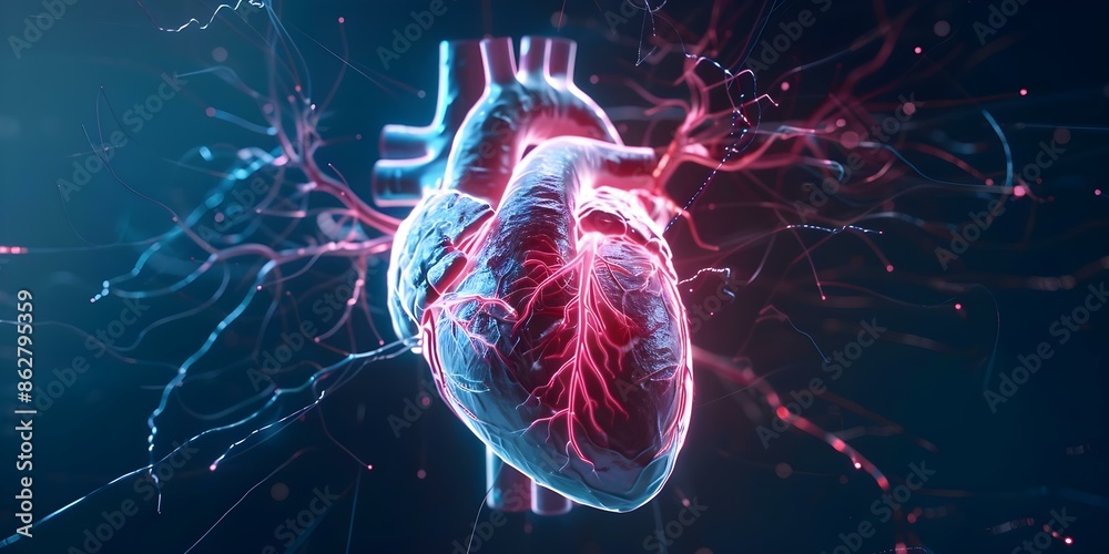 Detailed illustration of a beating heart and its electrical conduction ...