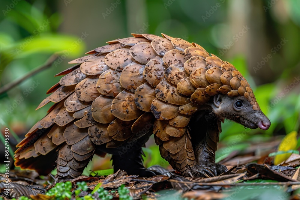 A pangolin walking across a forest floor, its body covered in hard ...