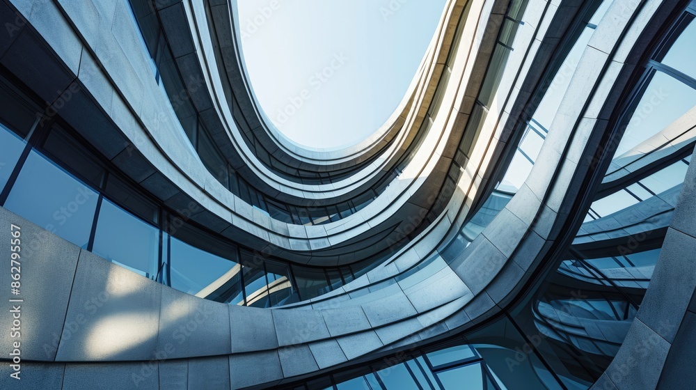 The highrise curved reflective architecture under the brightest clear ...