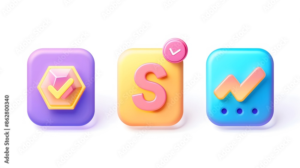 Label set with percent, check mark and discount. App icon. 3D Web ...