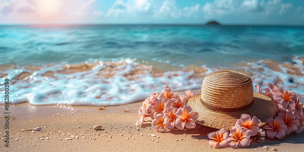 Composition with hat at turquoise sea background. Summer vocation ...