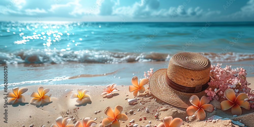Composition with hat at turquoise sea background. Summer vocation ...