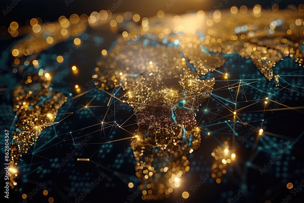Golden digital world map with blue network connectivity lines on a ...