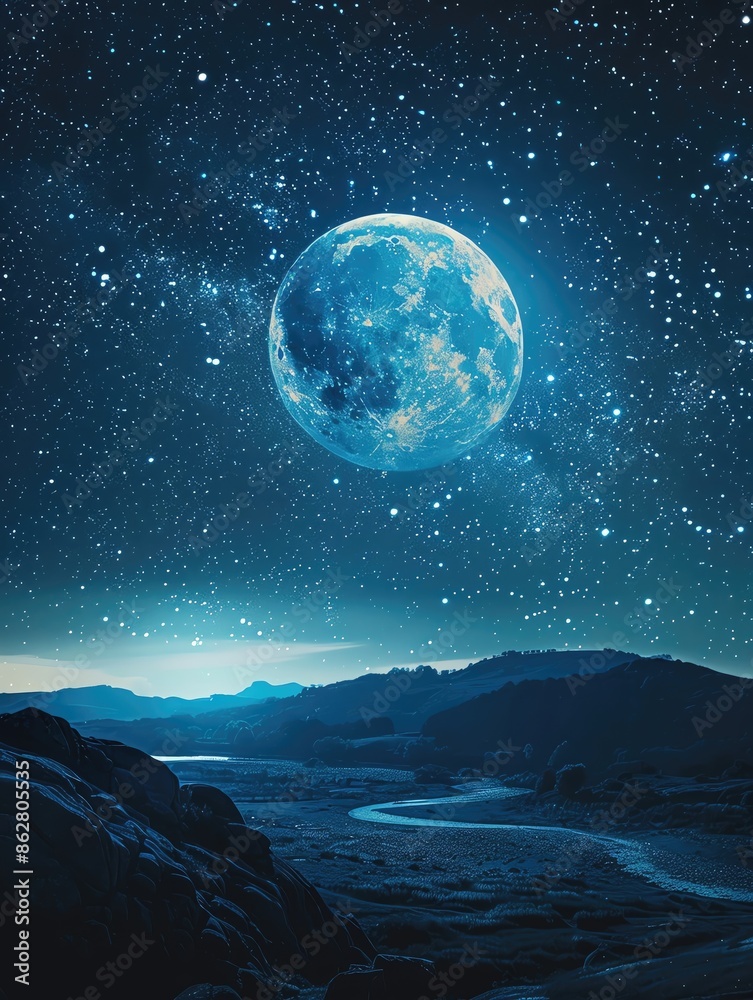 Starry night sky background with a glowing full moon and zodiac ...