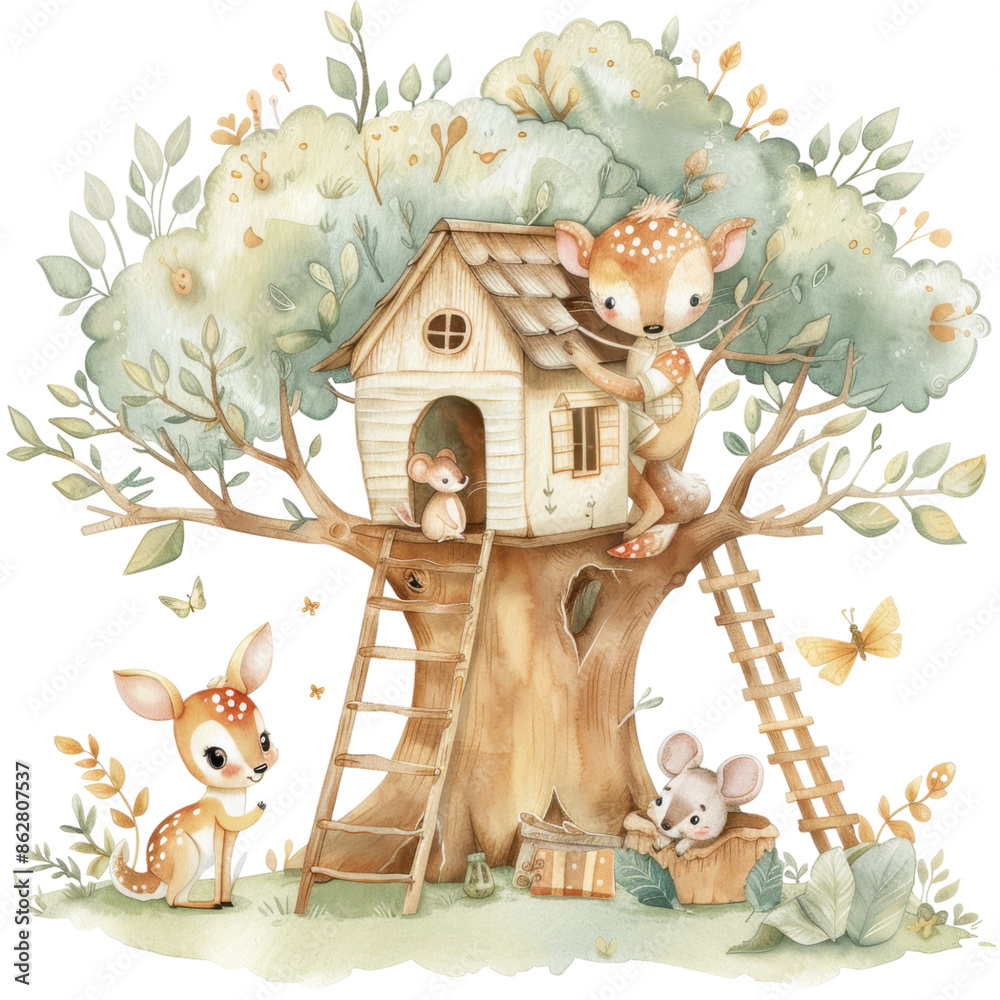 Woodland Animals in Treehouse, Hand-painted Watercolor Illustration ...