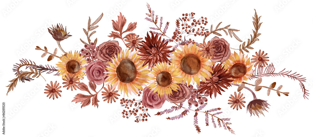 Autumn floral border, PNG transparent digitally hand painted ...